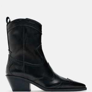Zara | Shoes | Zara Heeled Leather Cowboy Ankle Boots With Pieces ...